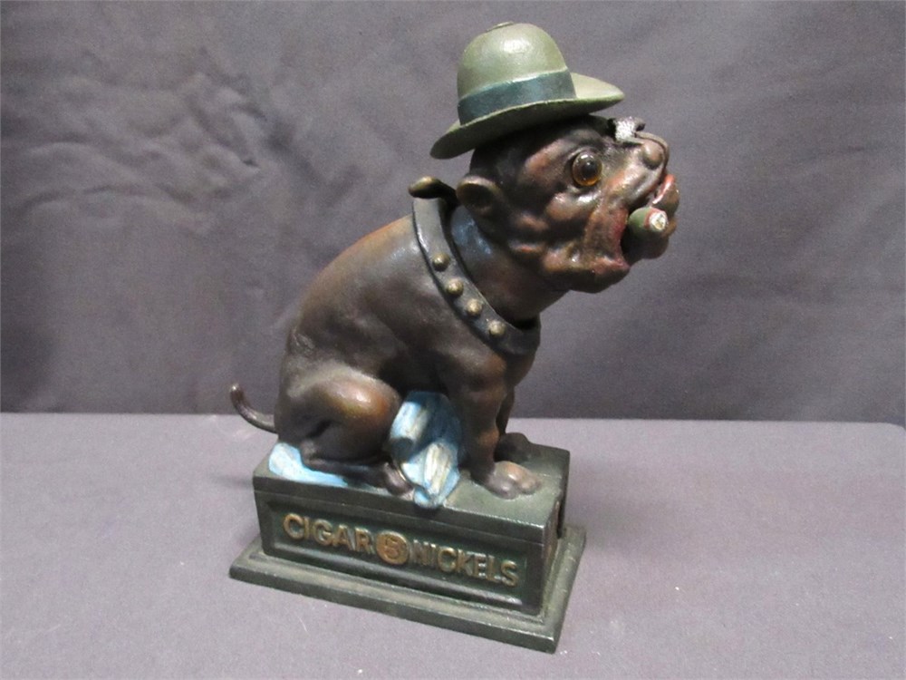 Transitional Design Online Auctions - Bulldog Cast Iron Mechanical Bank - Reproduction Ole ...