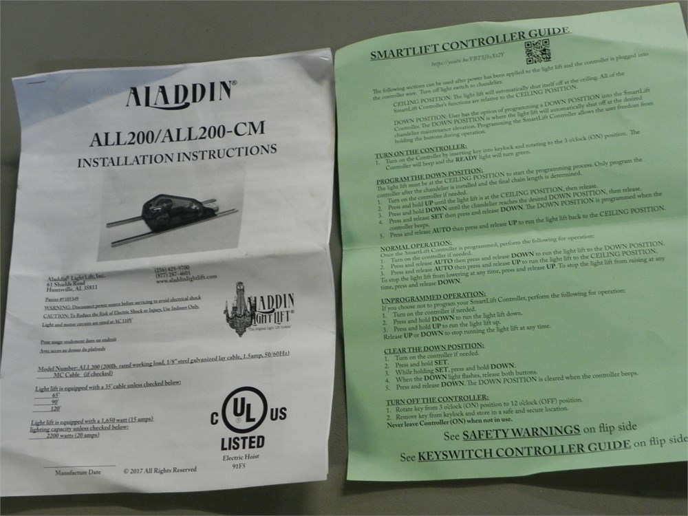 Transitional Design Online Auctions - Aladdin Light Lift Remote Mount All200