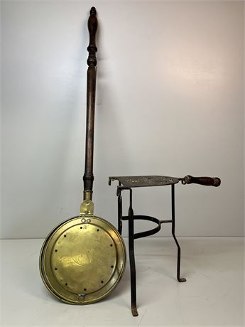Transitional Design Online Auctions - Antique Copper Bedwarmer with Stand
