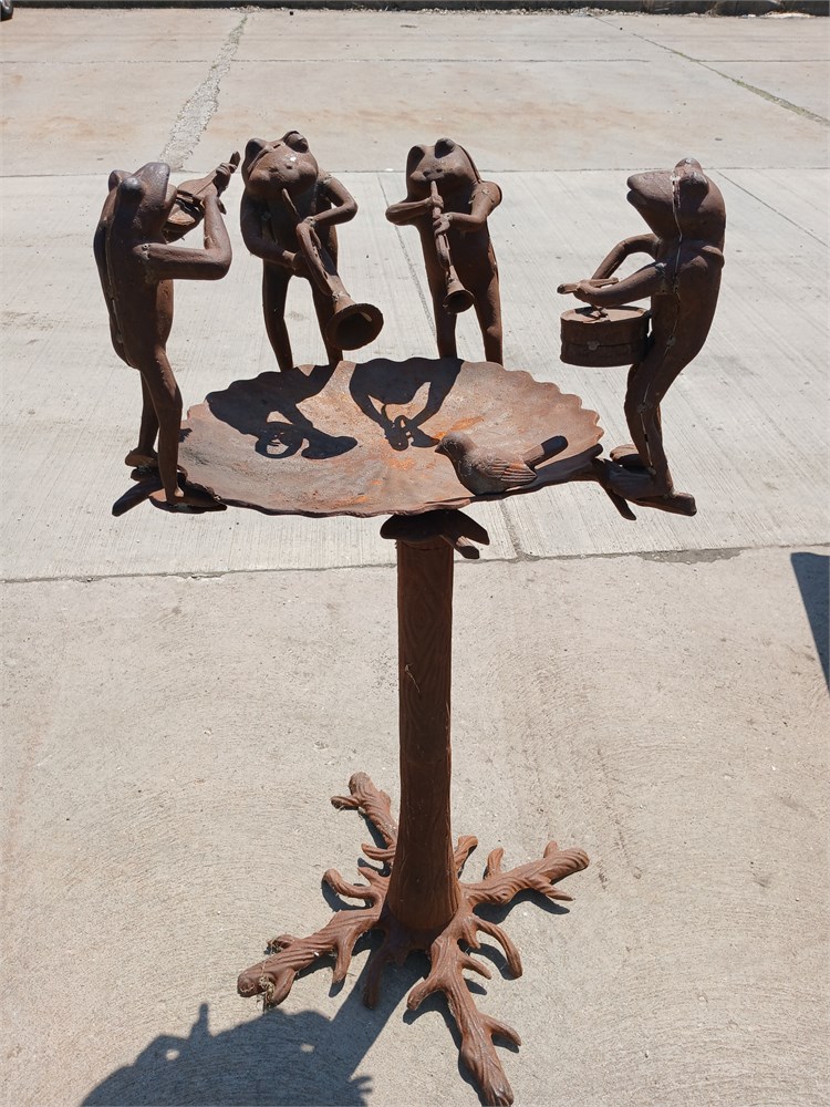 Transitional Design Online Auctions - Cast Iron Frog Band Birdbath