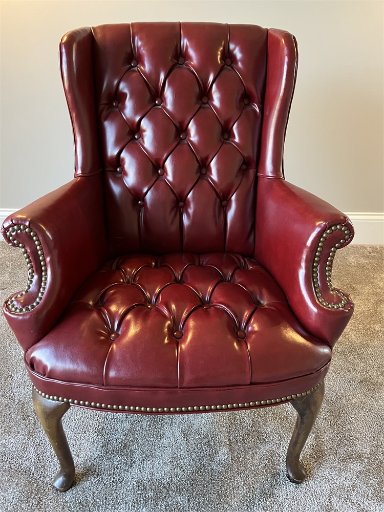 Transitional Design Online Auctions - Red Leather Wing Back Chair