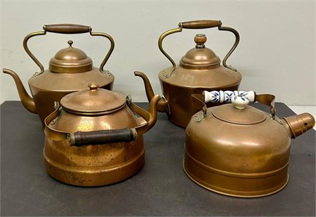 Transitional Design Online Auctions - Antique Copper Tea Pots / Set of 4