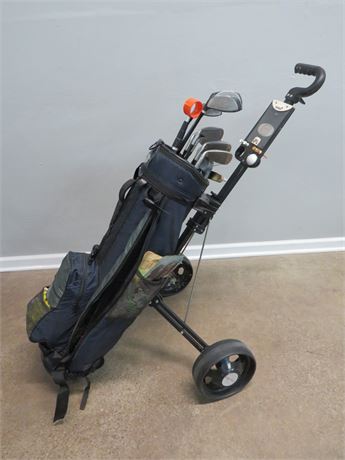 Transitional Design Online Auctions - Spalding Golf Clubs w/Bag & Pull Cart